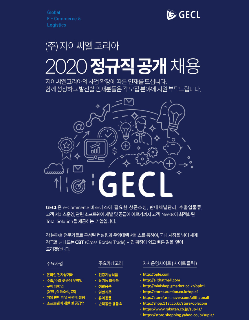 [(주)지이씨엘코리아] GECL KOREA 신입/경력직 (MD, PHP, JAVA, 웹디자인, SA/SE, SEO) - 사람인